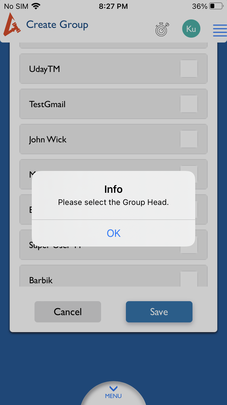 Bug #1427: Groups - Create group - After selecting team members and saving , User has to ...